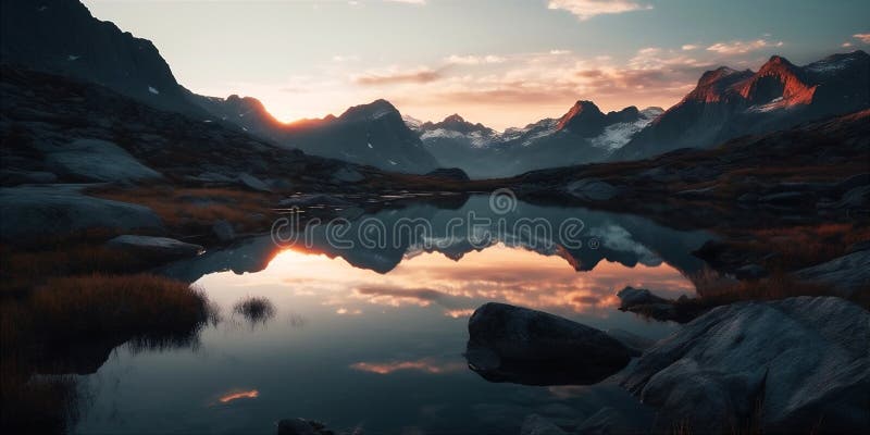 Mountain Range at Dusk with the Sunset Sky Reflecting on Mountain Lake ...