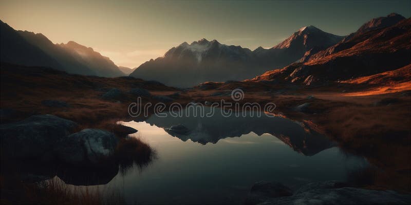 Mountain Range at Dusk with the Sunset Sky Reflecting on Mountain Lake ...