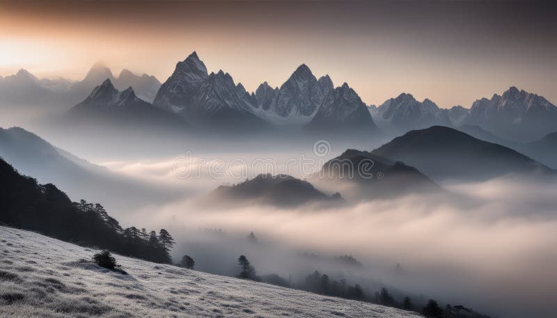 A Mountain Range with Fog and Snow Stock Illustration - Illustration of ...