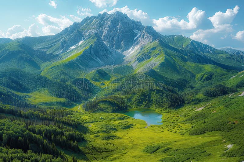 Mountain Range with a Lake in the Middle Surrounded by Trees. Scene is ...