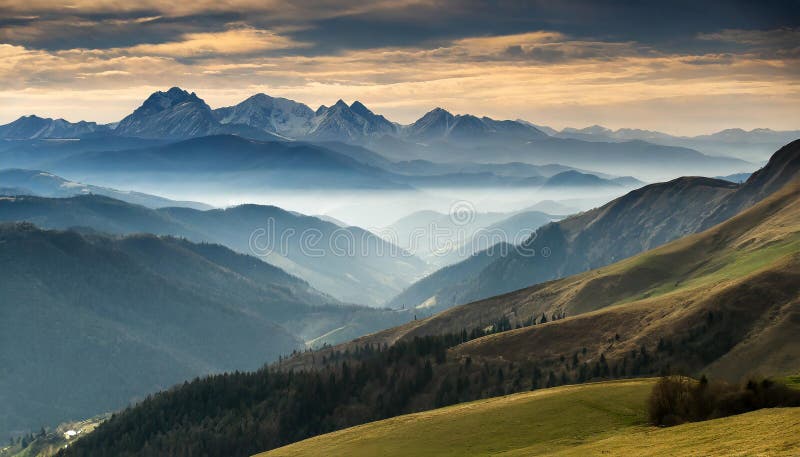 Mountain Range Landscape with Green Hills and Valleys and Blue Sky ...