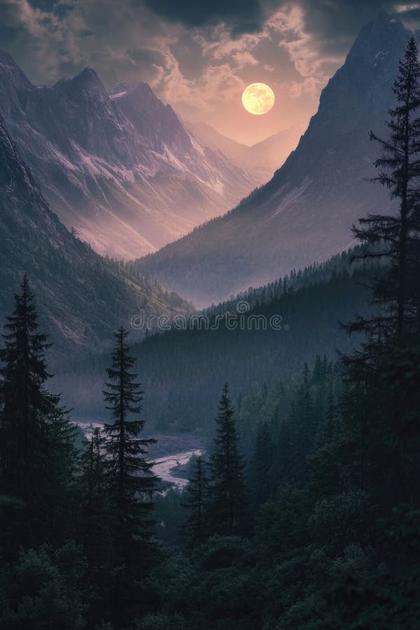 Mountain Range at Night with Full Moon Stock Image - Image of hillside ...
