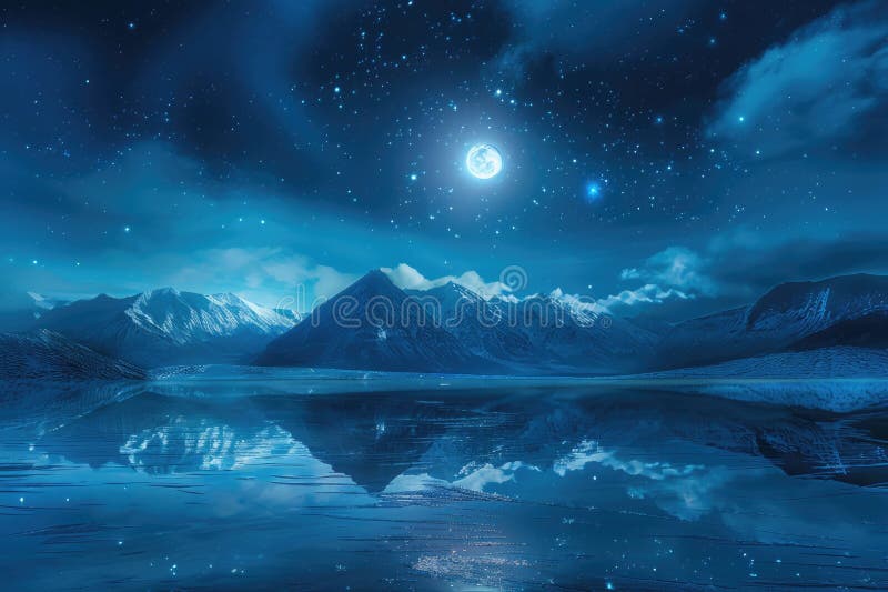 Mountain Range at Night Under a Bright Full Moon Stock Photo - Image of ...