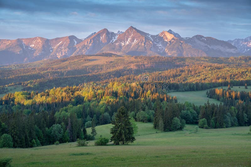 Mountain Range Overlooking Forest and Fields Stock Photo - Image of ...