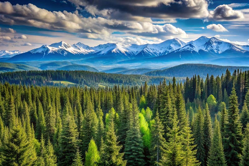 Mountain Range, Pine Forest, Sunrise, Aerial View Stock Illustration ...