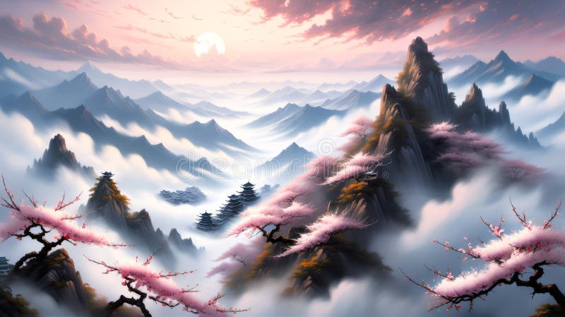 Mountain Range with a Pink Sky and a Pink Tree Stock Photo - Image of ...