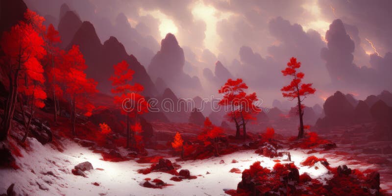 Mountain Range with Red Trees and a Snowy Field Stock Image - Image of ...