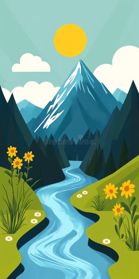 A Mountain Range with a River Running through it Stock Illustration ...