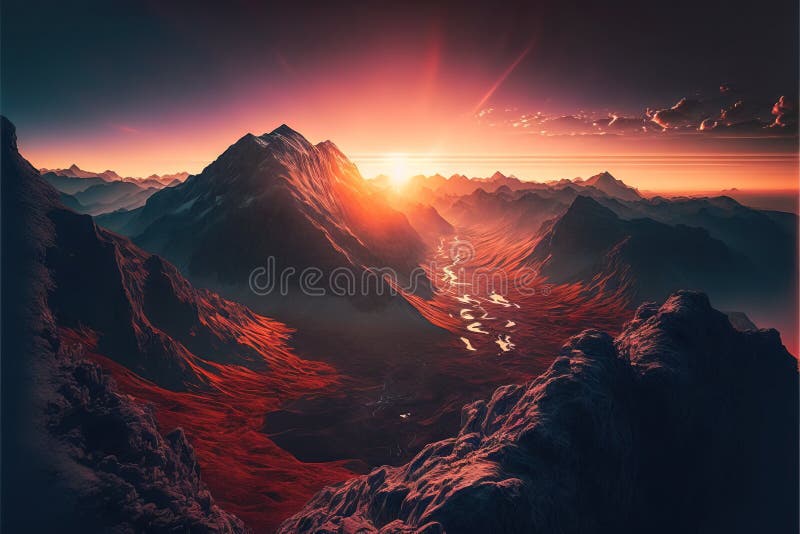 A Mountain Range with a River Running through it at Sunset or Sunrise ...