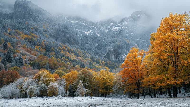 Mountain Range Shift from Autumn To Winter with Snowfall Marking Winter ...