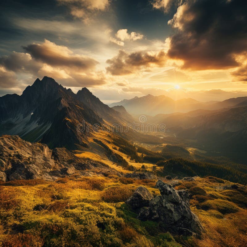 A Mountain Range with Sun Shining through Clouds Stock Illustration ...