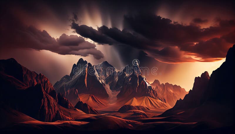 A Mountain Range at Sunset with Clouds Surrounding the Peaks, Creating ...
