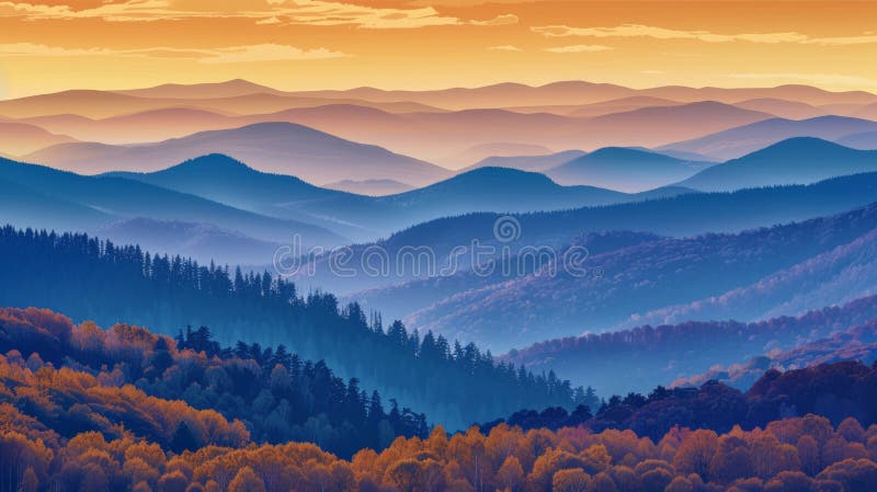 Mountain Range at Sunset with Layered Hills and Colorful Sky Stock ...