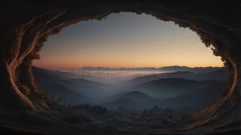 Mountain Range Sunset Viewed through Cave Opening Stock Illustration ...