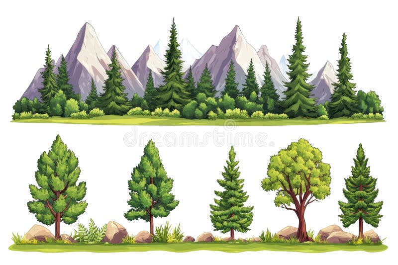 Mountain Range and Trees Cartoon Illustration Landscape Elements Vector ...