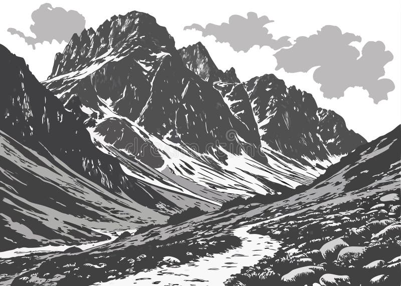 Mountain Range Valley Black and White Illustration Stock Illustration ...