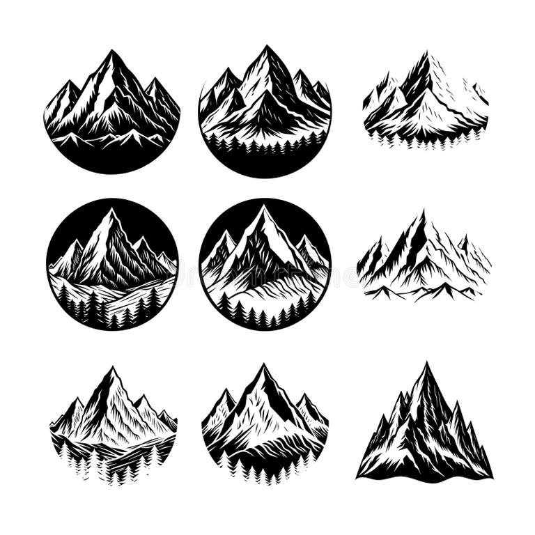 Mountain Range Vector Silhouettes Black and White Mountain Designs ...