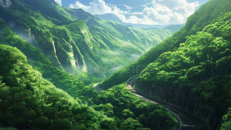 A Mountain Range with a Winding Road through the Forest. Anime ...