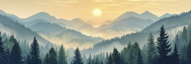 Mountain Ranges with Sunrise and Layered Fog Views Stock Illustration ...