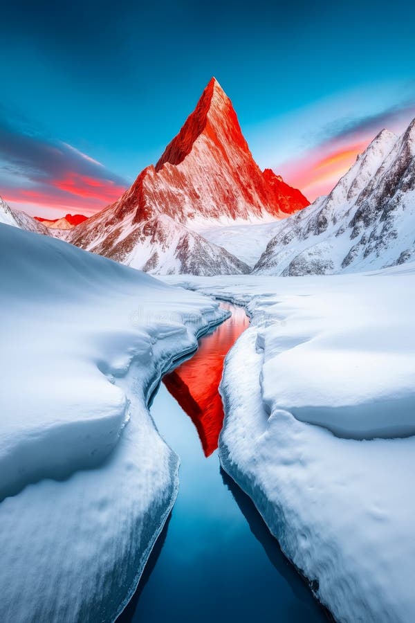 A Mountain with a Red Mountain in the Background and a River in the ...