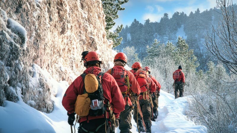 Mountain Rescue Team Walking on Snowy Mountain Ridge Stock Illustration ...