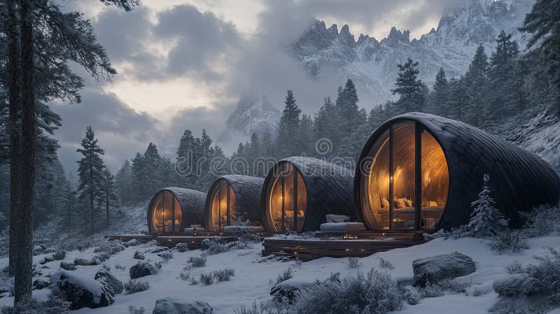 Mountain Retreat with Row of Black Ice Pods . Stock Photo - Image of ...