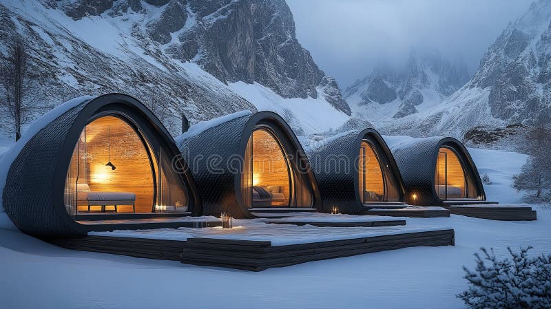 Mountain Retreat with Row of Black Ice Pods . Stock Image - Image of ...
