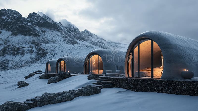Mountain Retreat with Row of Black Ice Pods . Stock Photo - Image of ...