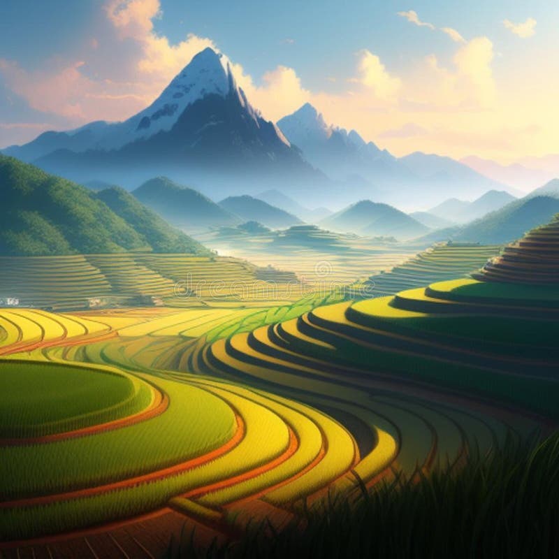 Mountain and Rice Field Views Stock Illustration - Illustration of ...