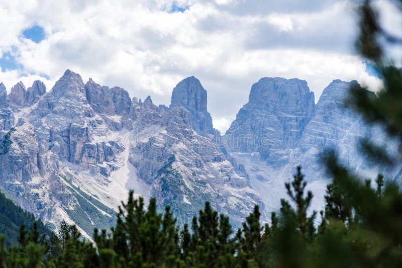 Mountain Ridge of the Dolomites in Italy with Pines in the Foreground ...
