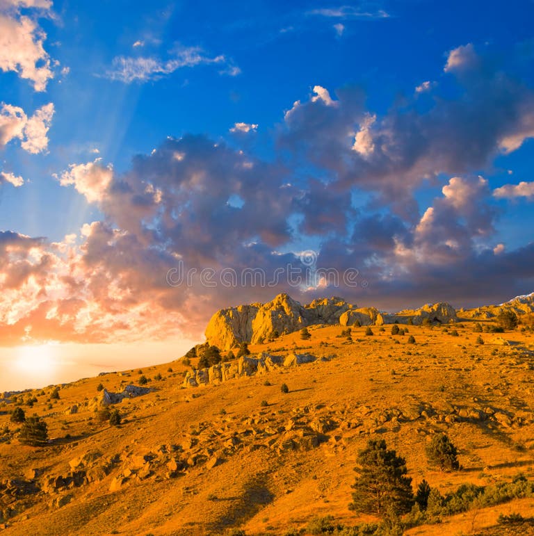 Mountain Ridge at the Dramatic Sunset Stock Image - Image of blue ...
