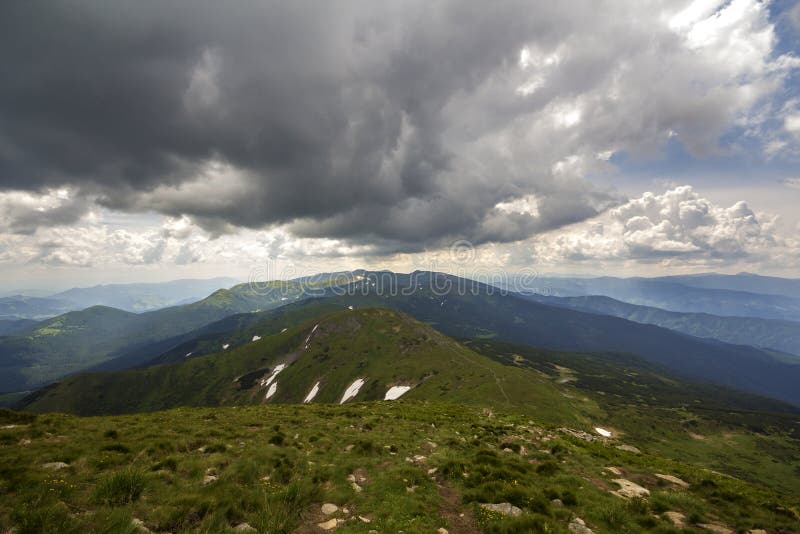 Mountain Ridge Landscape Under Dramatic Cloudy Sky, Summer or Spring ...