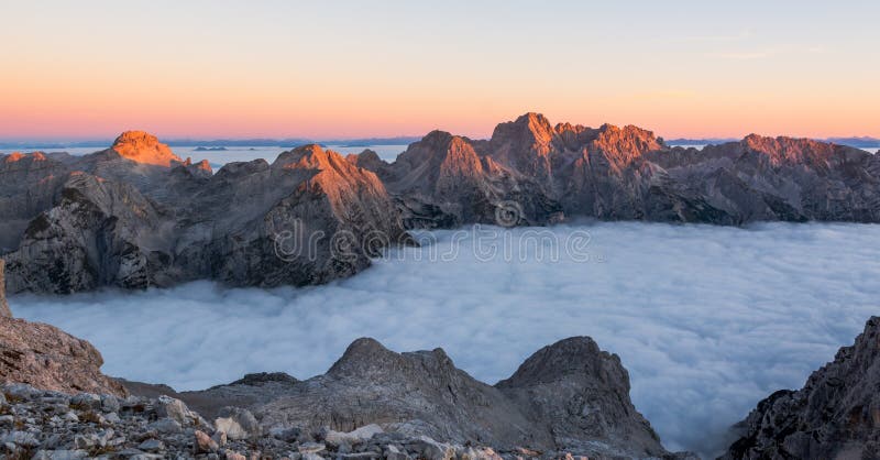 Mountain Ridge with Peaks Illuminated by Morning Sun Stock Image ...