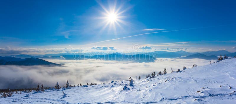 Mountain Ridge in Snow Under a Sparkle Sun Stock Image - Image of solar ...