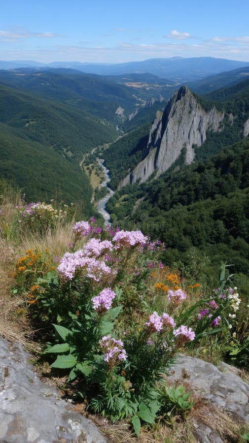 Mountain Ridge View with Wildflowers in Foreground Serene Landscape ...