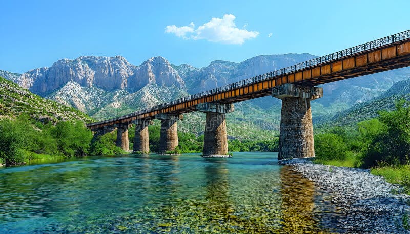 Mountain River Bridge stock illustration. Illustration of beautiful ...