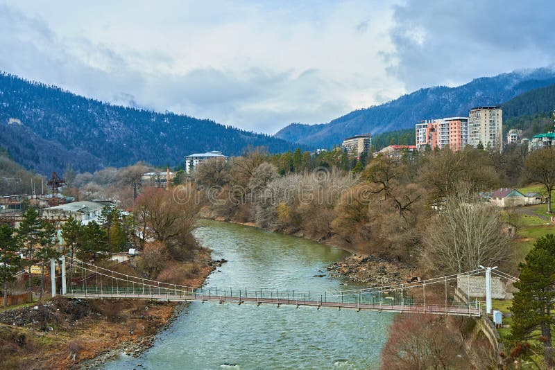 Mountain River through the City. View from Above Stock Photo - Image of ...