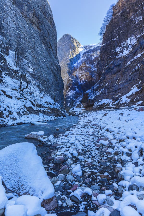 Mountain River Flowing in the Gorge in Winter Stock Photo - Image of ...