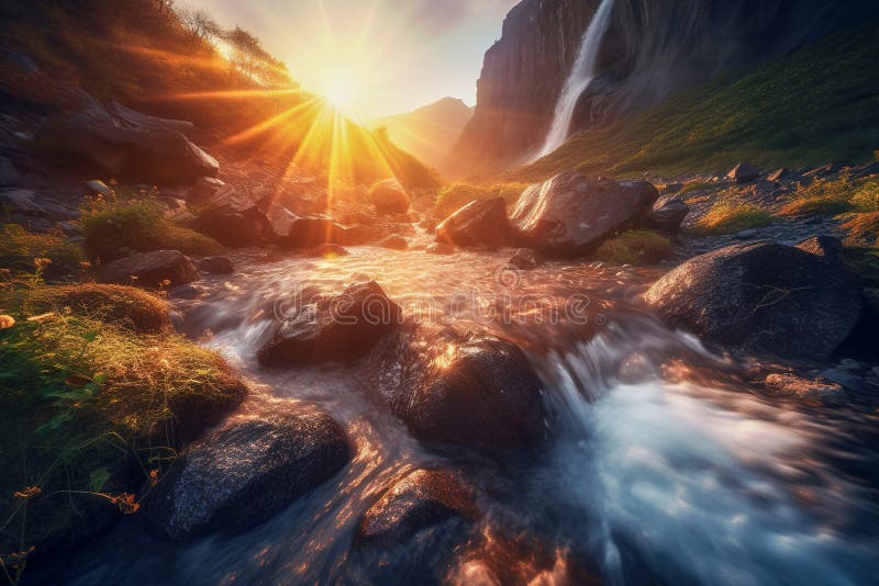 Mountain River Flowing through the Rocks at Sunset. Nature Composition ...