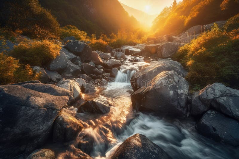 Mountain River Flowing through the Rocks at Sunset. Nature Composition ...