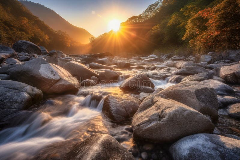 Mountain River Flowing through the Rocks at Sunset. Nature Composition ...