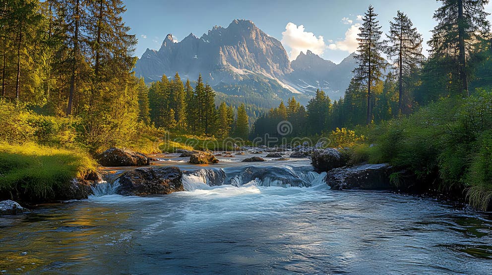 Mountain River Flows through Alpine Valley Sunset Stock Illustration - Illustration of blue ...