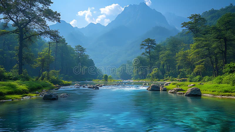 Mountain River Flows through Lush Valley, Sunlit, Calm Stock Illustration - Illustration of ...