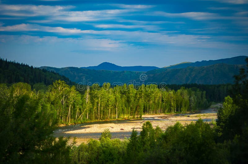 Mountain River and Forest Trees in the Rays of Rising Sun Stock Photo ...