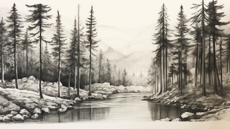 Ravine Sketch Pine Trees Along Water - Black and White Realism Stock ...