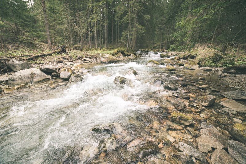 Mountain River with Rocks and Trees - Vintage Look Stock Image - Image ...