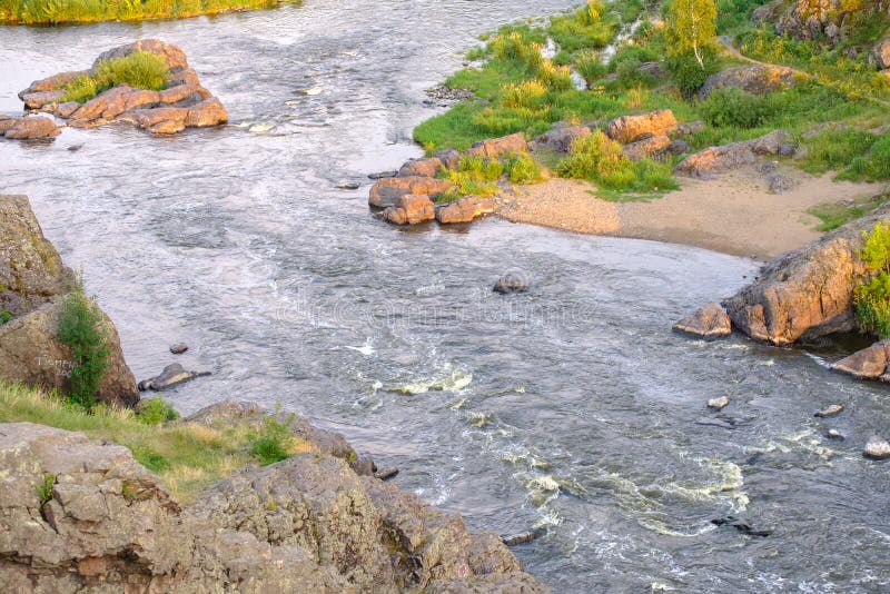 Mountain River Roll Flows between the Rocks in the Summer Evening Stock ...