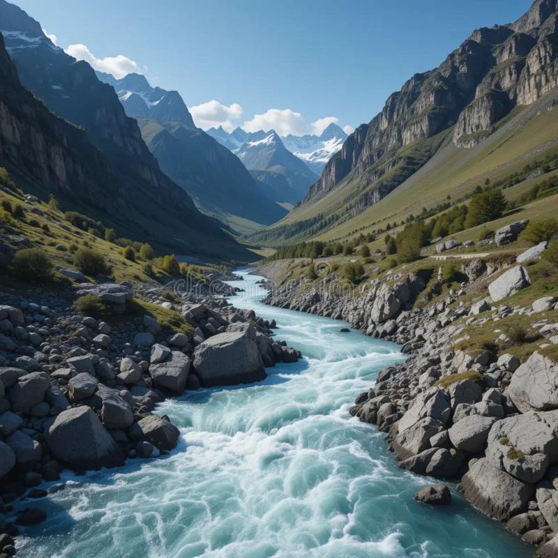 A Mountain River Rushing through a Rugged Valley Surrounded Towering ...