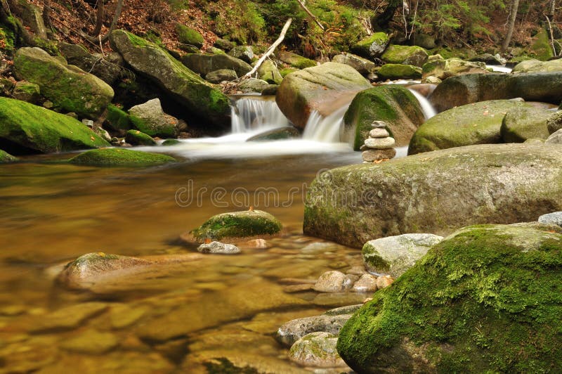 Mountain River Stream with Moss Rocks Stock Image - Image of liquid ...