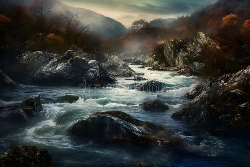 A Mountain River or Stream Raging in a Flash Flood. Neural Network AI ...